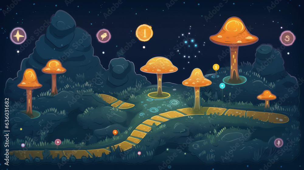 Arcade game progress map on fantasy forest background. Vector cartoon ...