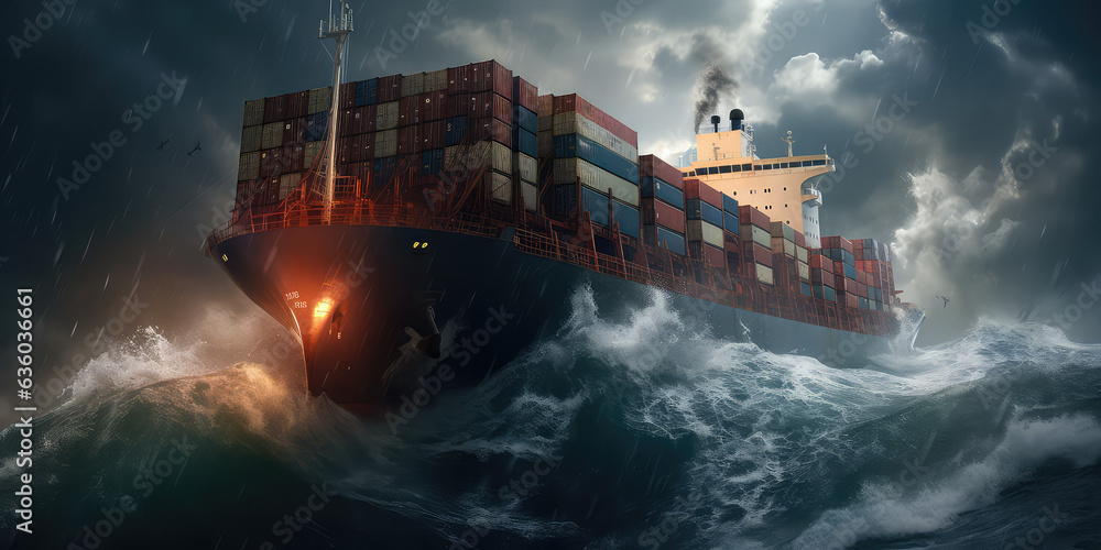 Container ship going through the storm. Horizontal wallpaper with big ...