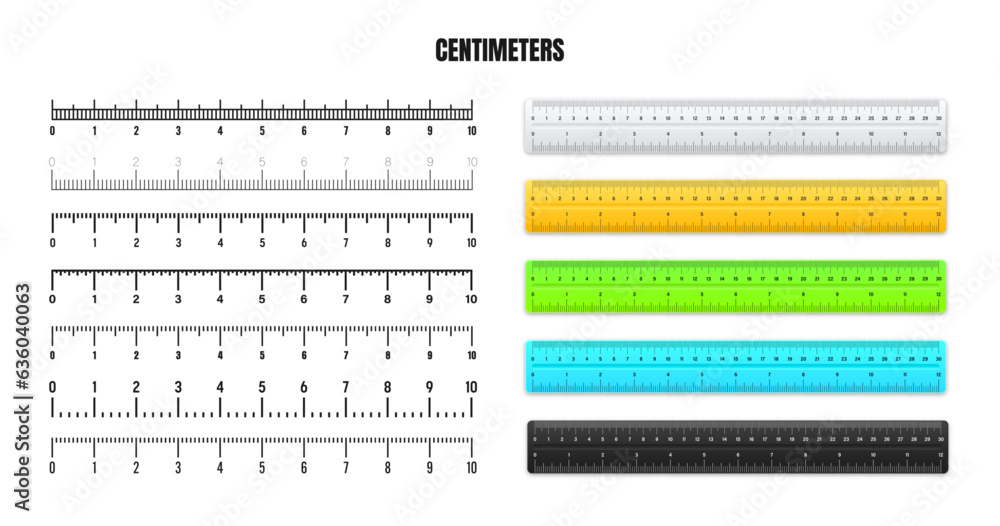 Realistic metal rulers with black centimeter scale for measuring length ...