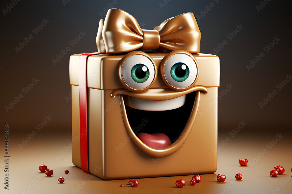 cartoon smiling yellow box with a red ribbon and a bow with expressive ...