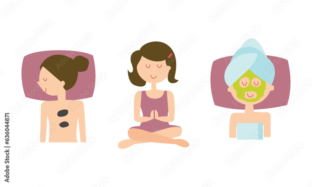 Personaje femenino en el spa. Concepto de meditar. Calma y amor propio ...
