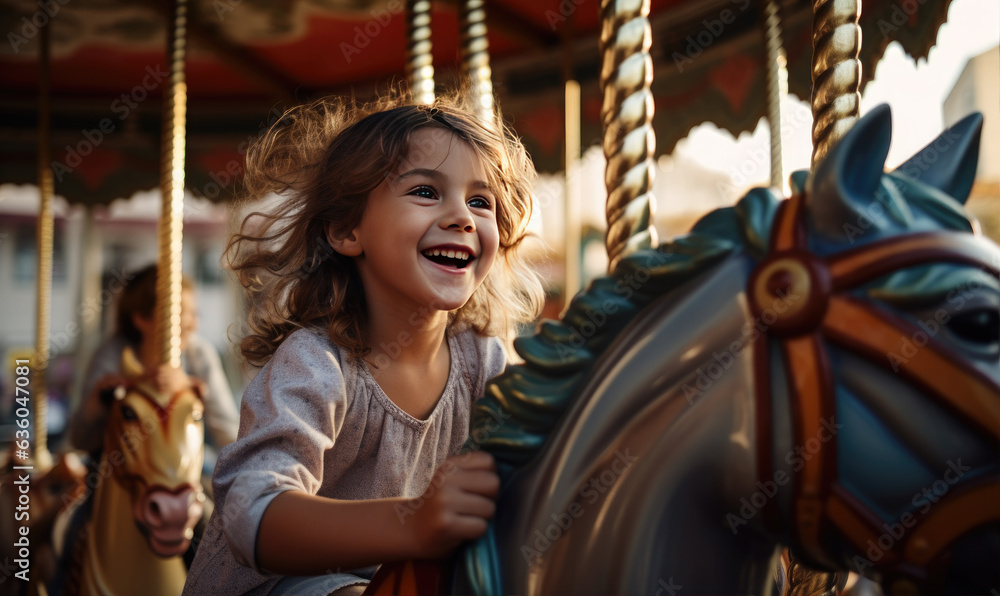 happy little girl rides a carousel on a horse in a Park in summer Stock ...