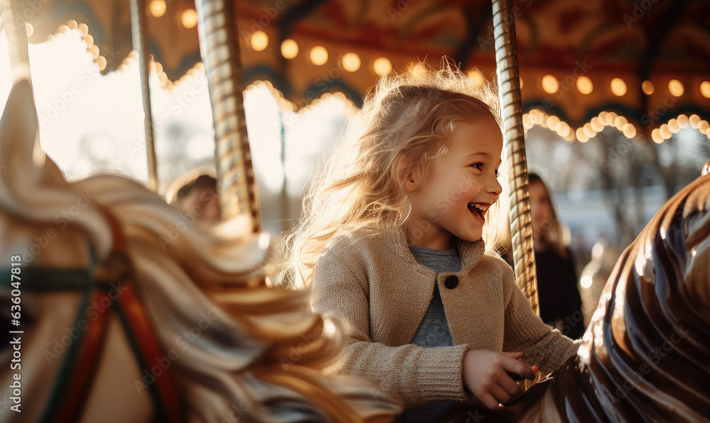 happy little girl rides a carousel on a horse in a Park in summer Stock ...
