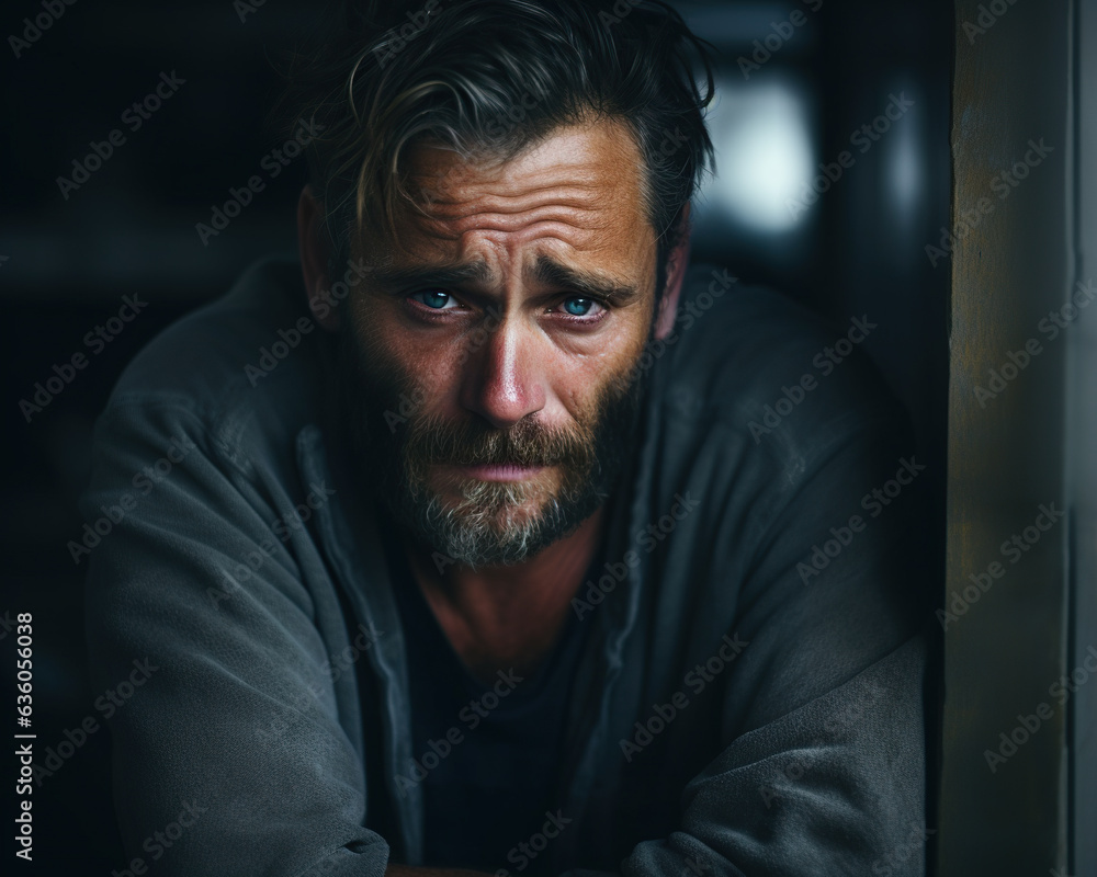 Sad man with depression, tears in his eyes. mental health Stock Photo ...