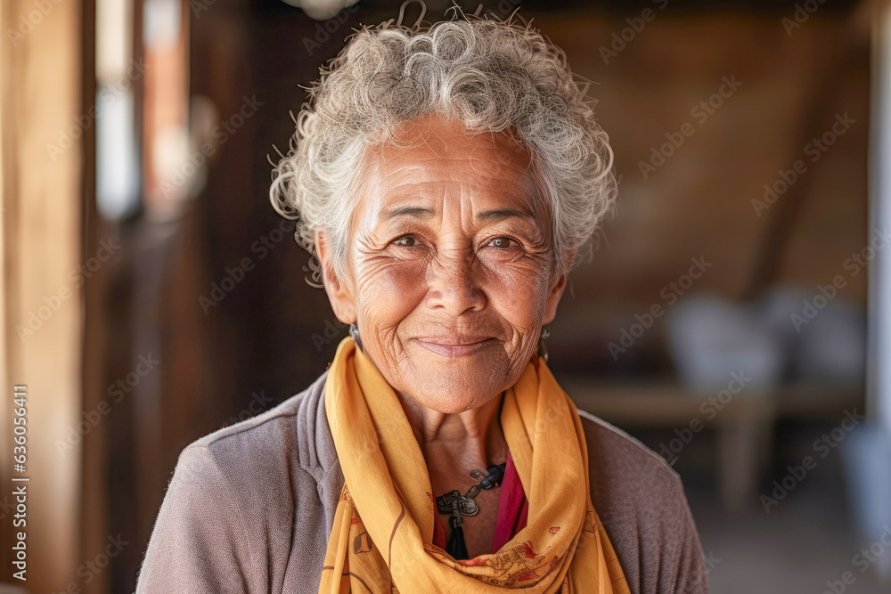 Beautiful old mixed-race woman in her eighties, smiling, expressing ...
