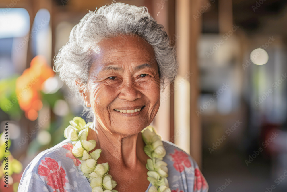 Beautiful Pacific Islander old woman in her eighties, smiling ...