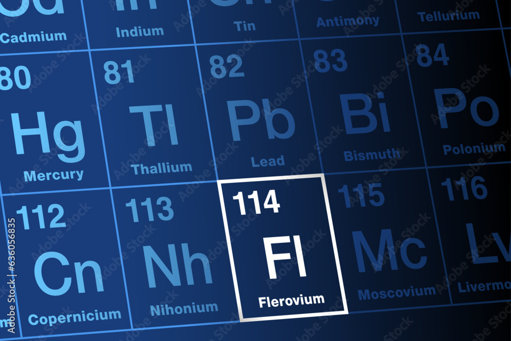 Flerovium on periodic table of elements. Extremely radioactive ...