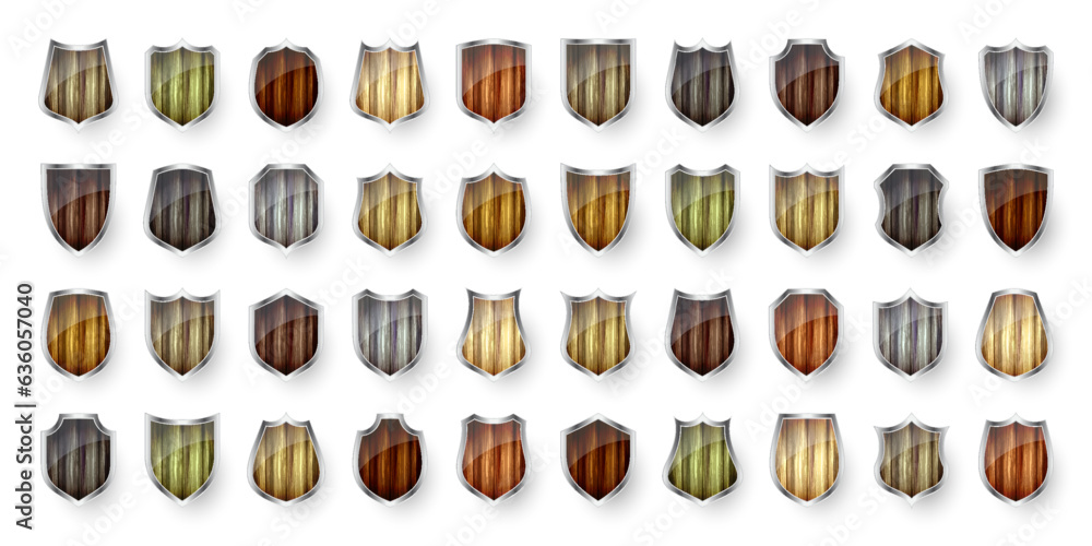 Set of wooden vintage shield icons. Black heraldic shields. Protection ...