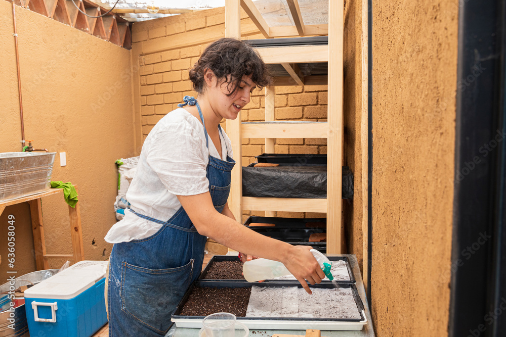 Woman in blue apron spraying seed trays inside a greenhouse Stock Photo ...