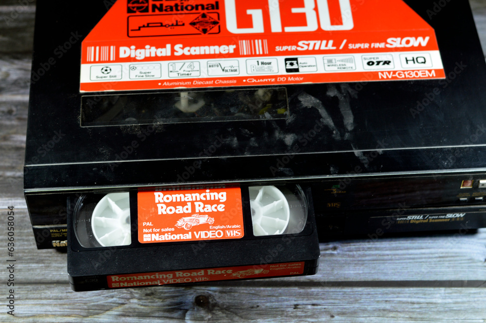 Giza, Egypt, August 12 2023: old fashioned outdated Video VHS cassette ...