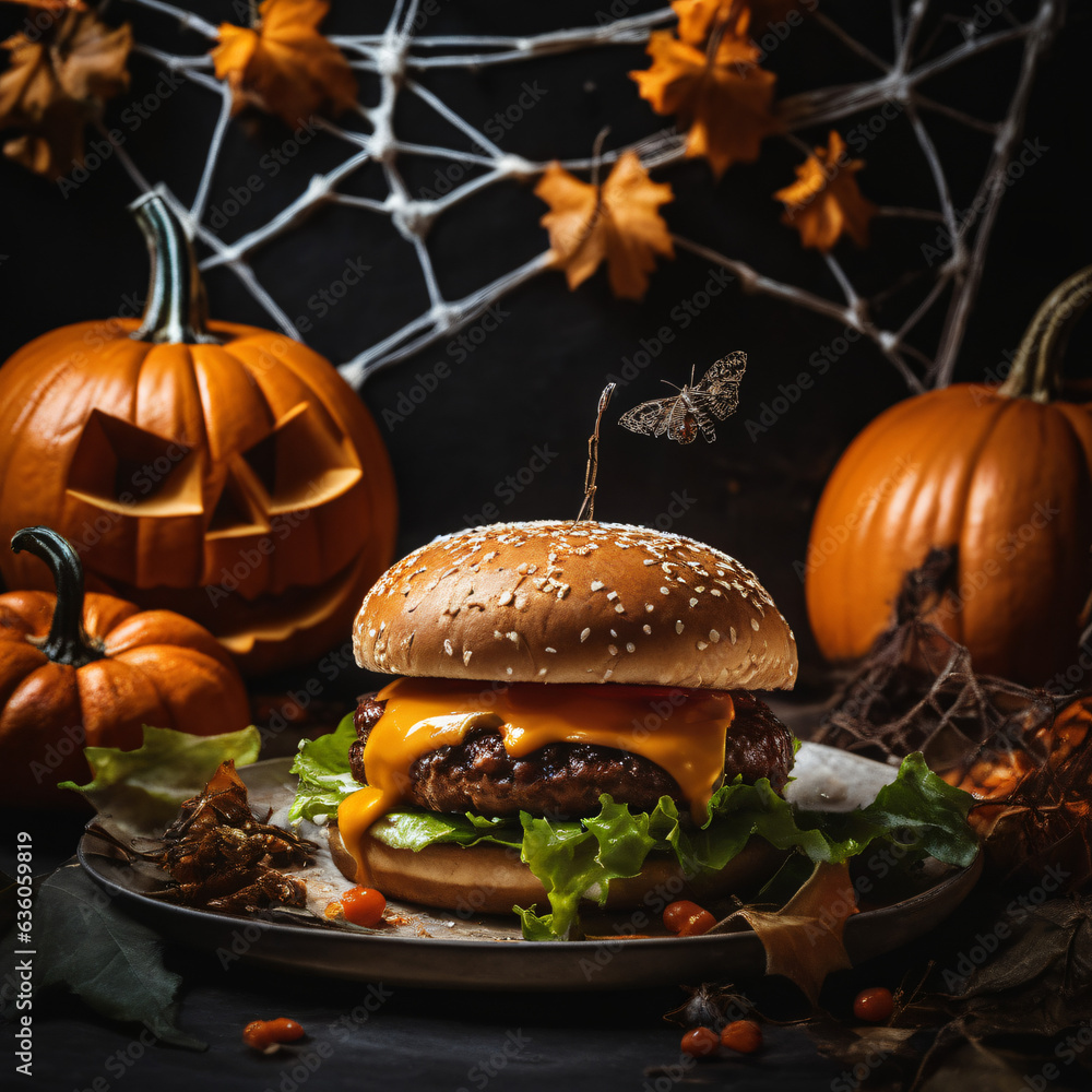 Spooky Burger with a Halloween decoration background. Stock Photo ...