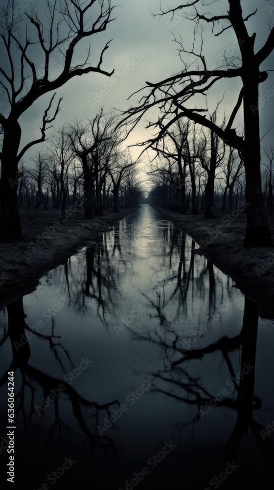 A pool of dark still water with the reflection of dead trees fading in ...