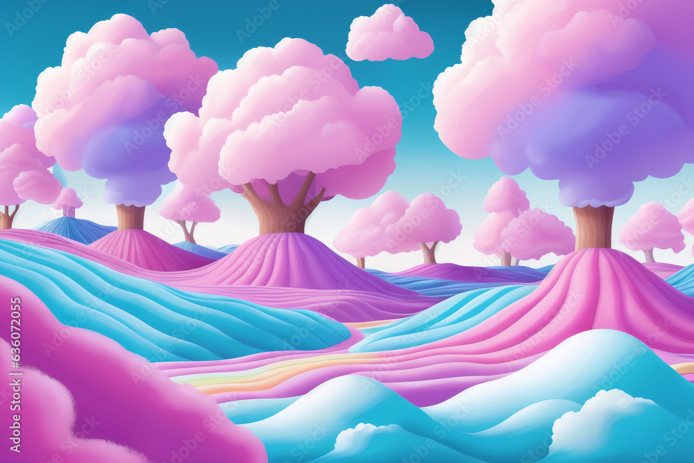 A world of sugary colors and shapes, with cotton candy clouds flowing ...