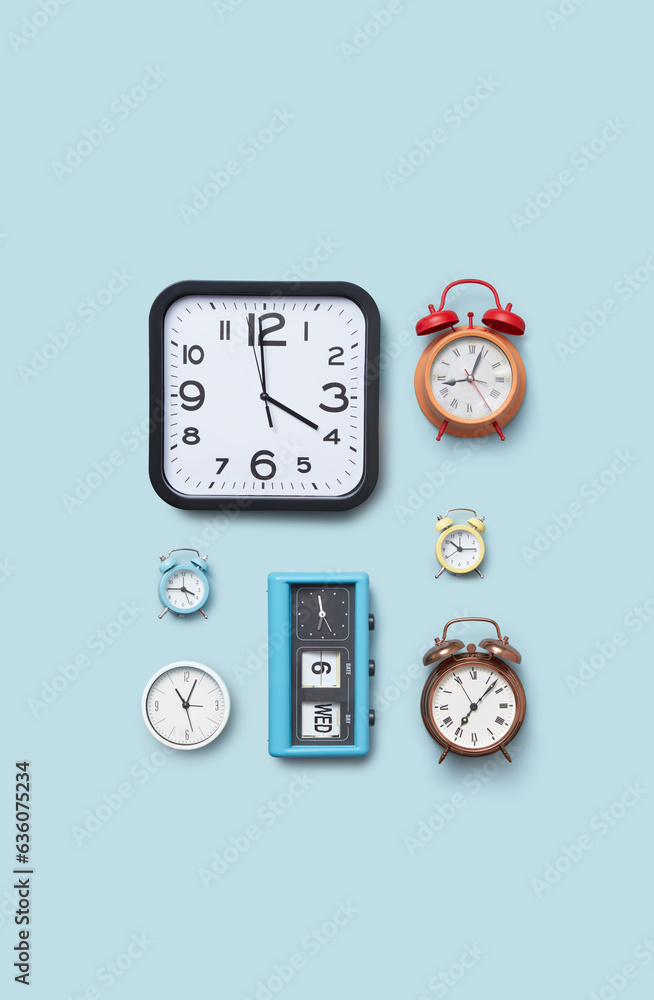 Different types of timepieces: modern, retro and alarm clocks. Stock ...