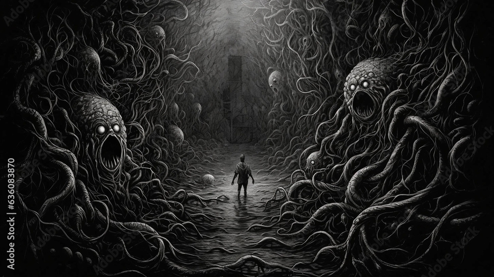 Detailed Sketch Art of a Person Standing in a Strange Environment With ...