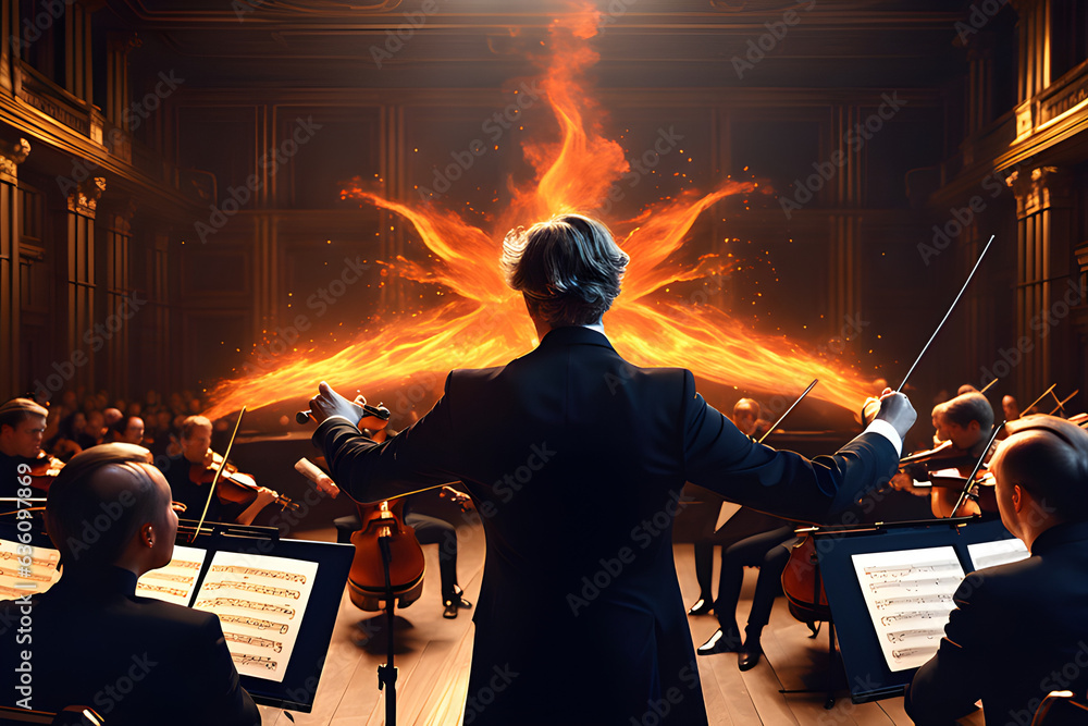 the fiery back of the conductor conducting the orchestra. Generative AI ...