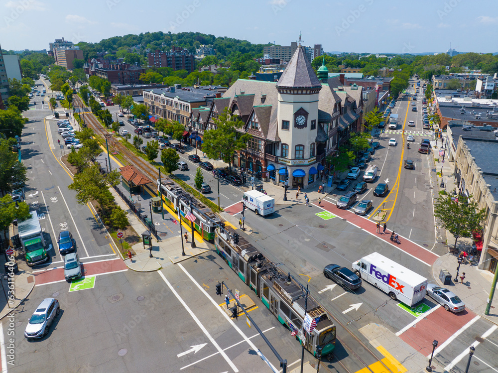 SS Pierce Building aerial view and MBTA Green Line tram at Coolidge ...