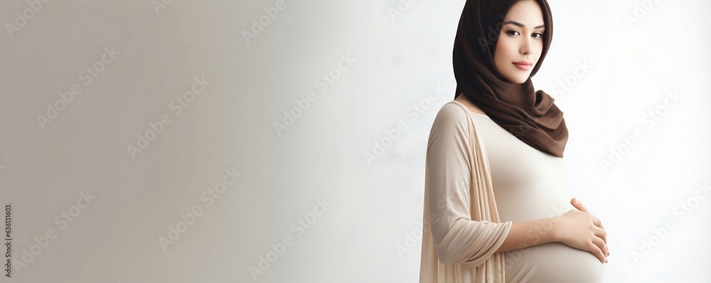 Pregnant muslim woman in hijab touching her belly over light background ...
