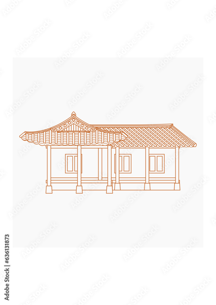 Editable Outline Traditional Hanok Korean House Building Vector ...