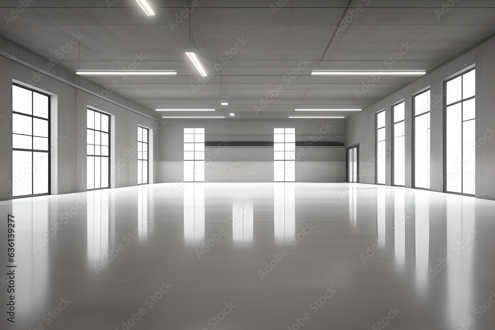 Industrial design project empty hall with led lights on top, grey walls ...