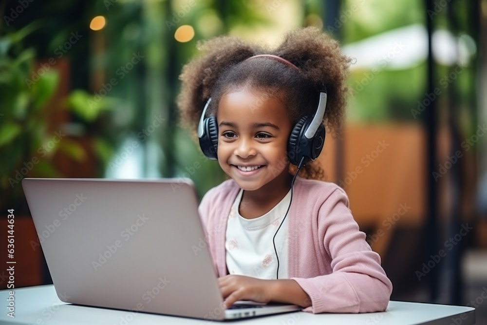 African american kid girl online learning on computer. Cute mixed race ...