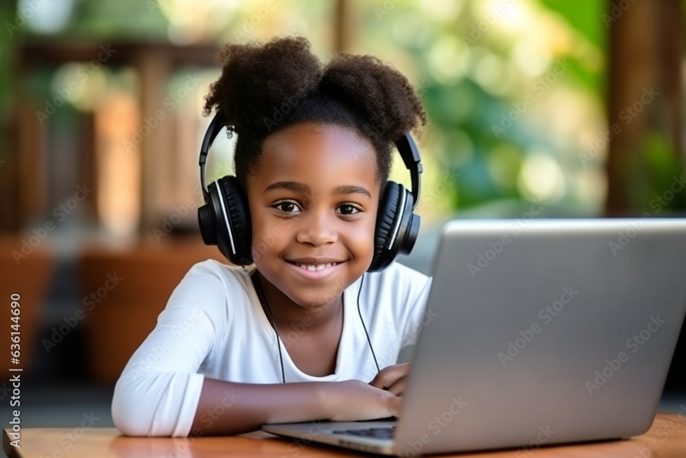 African american kid girl online learning on computer. Cute mixed race ...