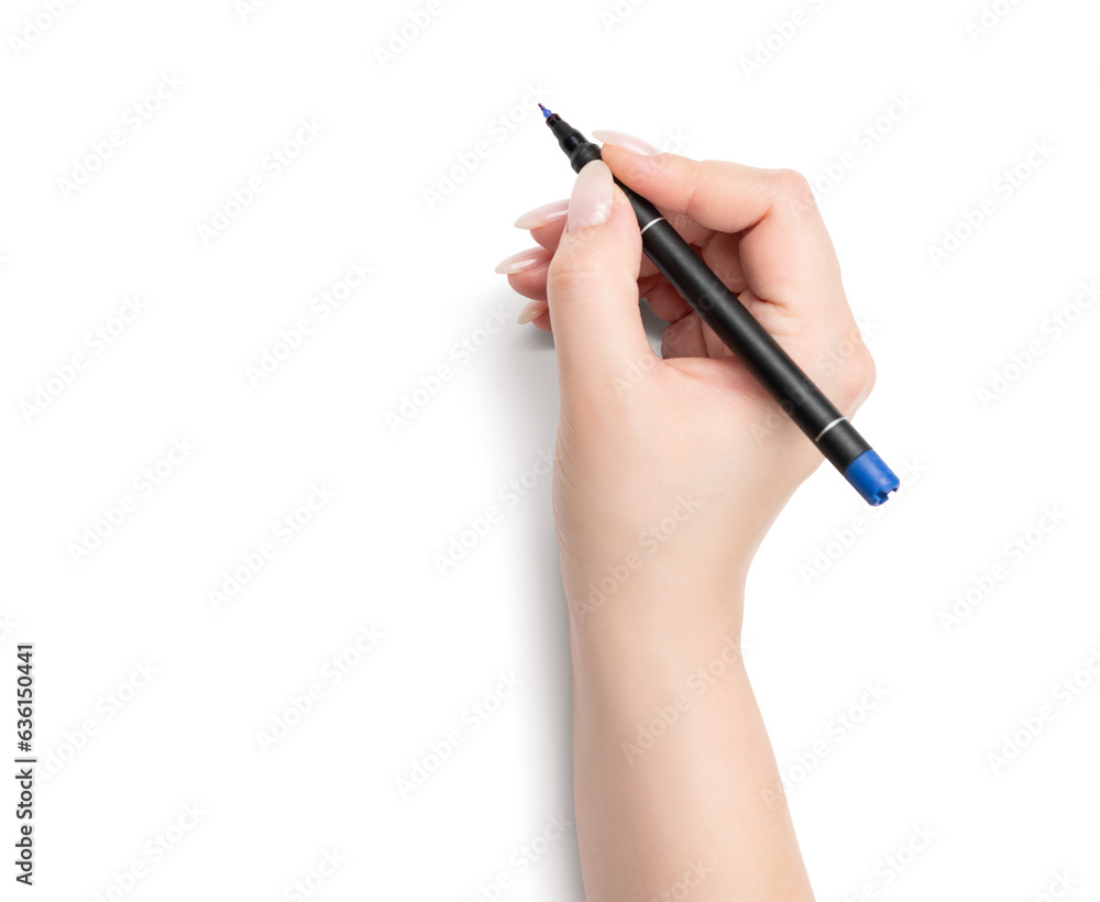 Female hand holding a black marker pen drawing, isolated on a ...
