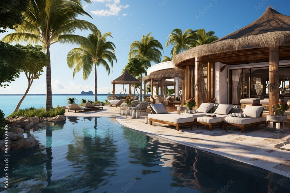 luxurious beachfront resort and spa, highlighting infinity pools, private cabanas, and ocean ...