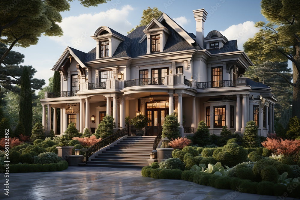 Design a classic American Colonial house, showcasing a symmetrical ...