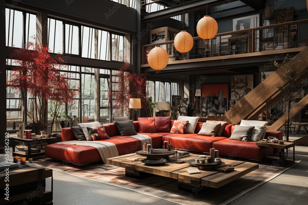 Foto de Chinese-inspired modern loft, celebrating the vibrant colors ...