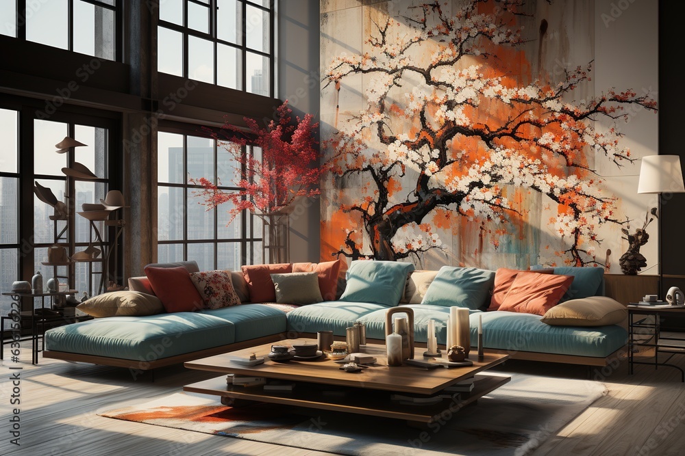 Chinese-inspired modern loft, celebrating the vibrant colors and ...