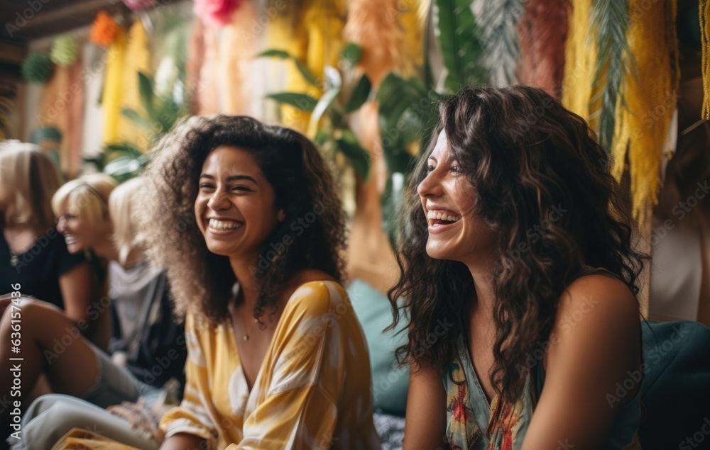 Generation Z women laughing and having fun in a vibrant studio setting ...