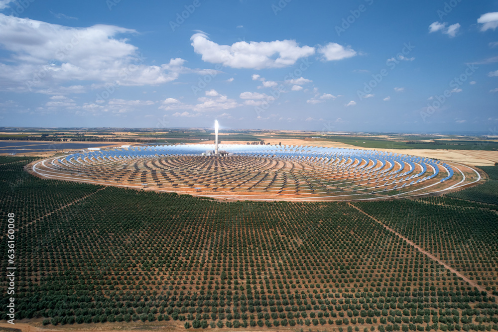 CSP Concentrating solar mirror farm, renewable green energy transition ...