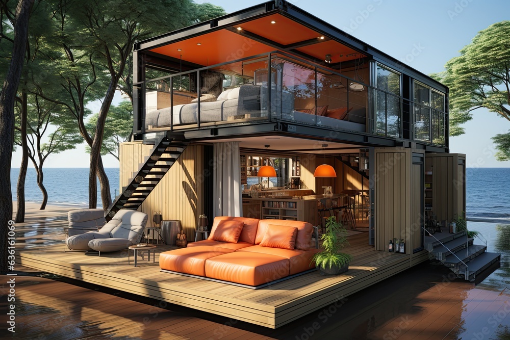 container beach house, highlighting its mobility. Showcase how it can ...