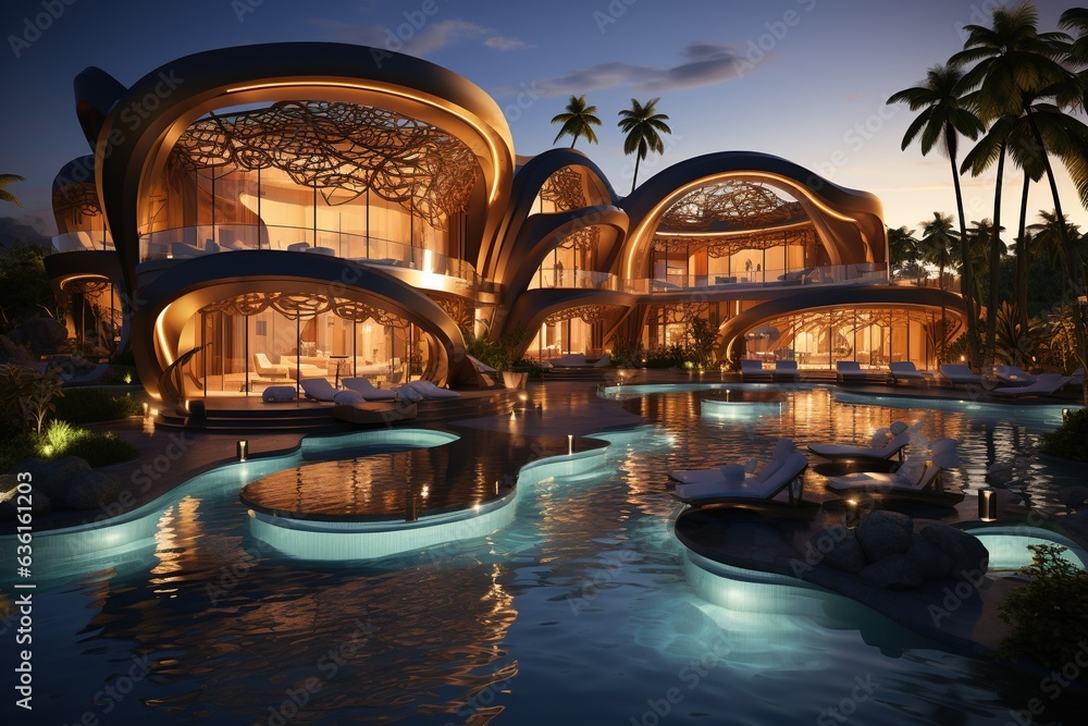 Sketch a contemporary art-inspired resort and spa, showcasing avant ...