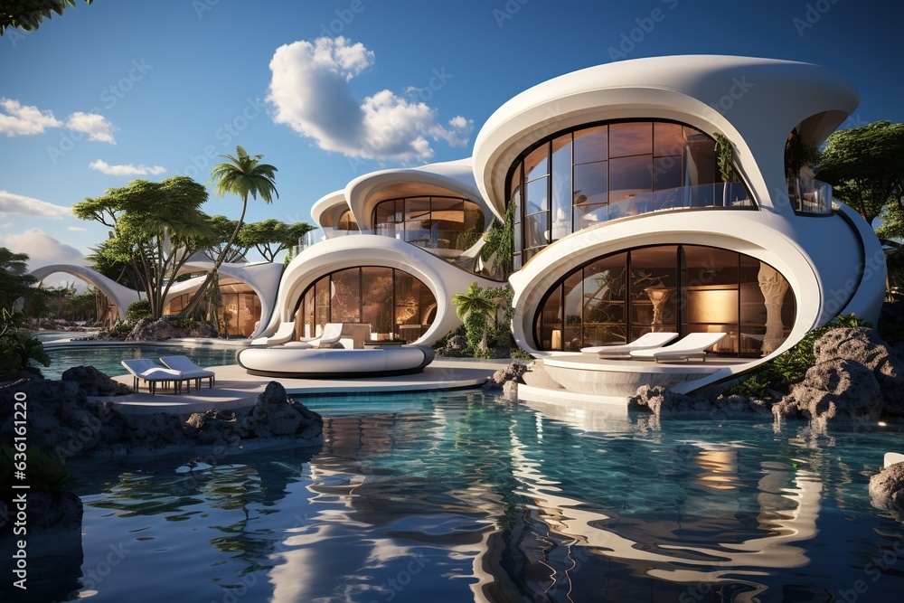 Sketch a contemporary art-inspired resort and spa, showcasing avant ...