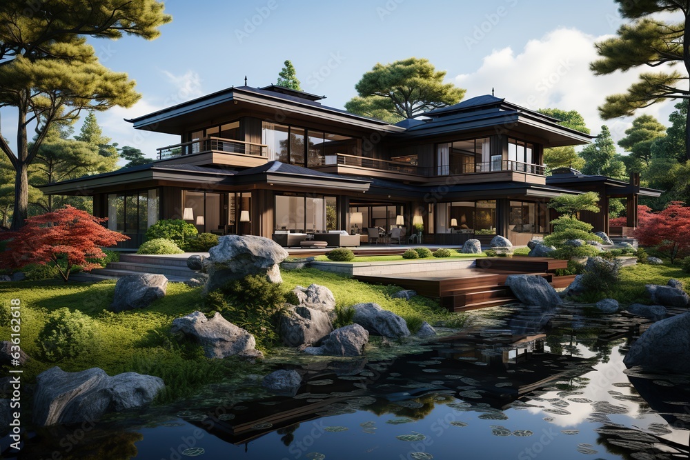 contemporary Japanese-style home with a striking roofline, reminiscent ...