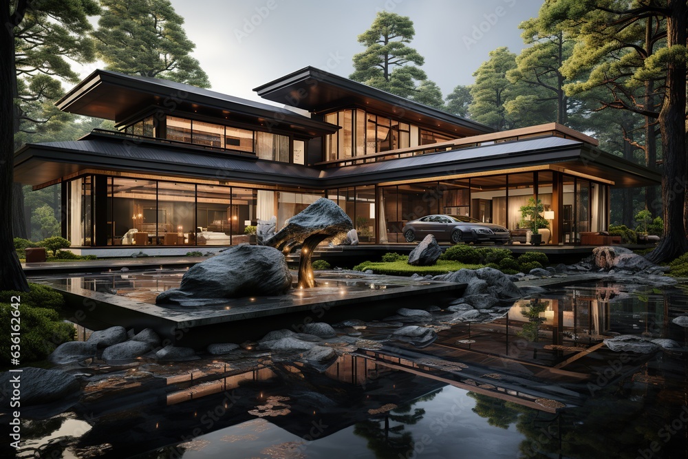 contemporary Japanese-style home with a striking roofline, reminiscent ...