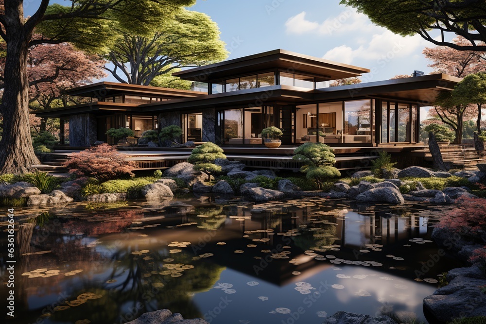 contemporary Japanese-style home with a striking roofline, reminiscent ...