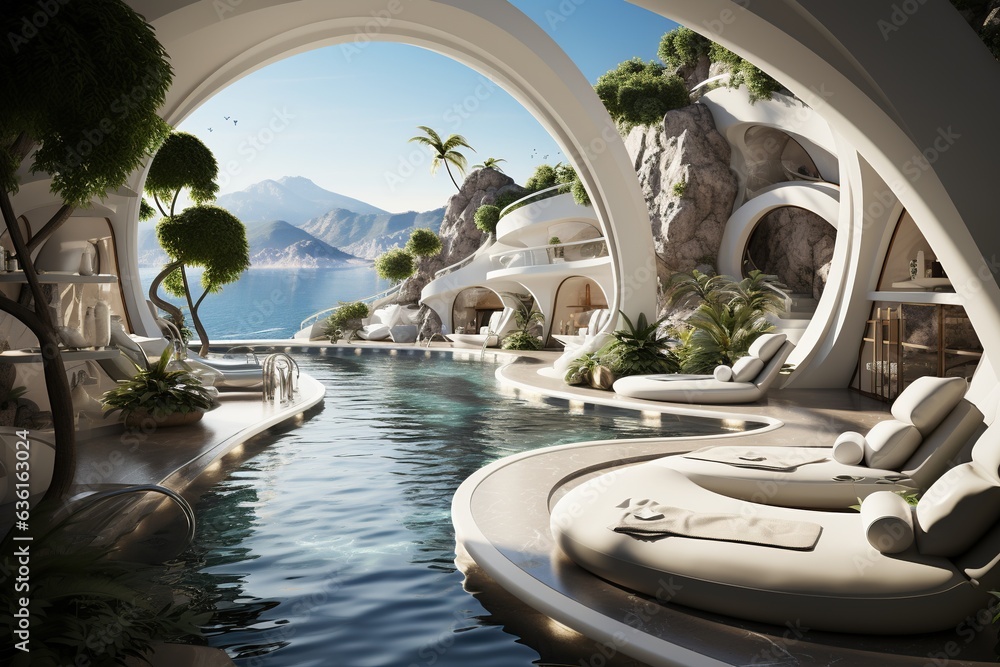 futuristic high-tech resort and spa, showcasing smart wellness ...