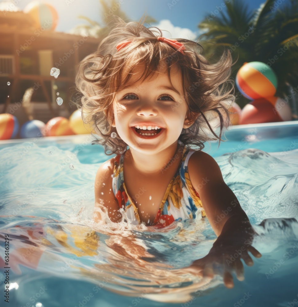 two little girls wearing swimsuits and sunglasses playing with balls in ...