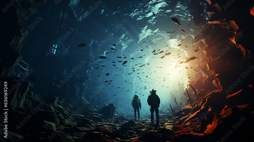 Scuba divers swim underwater with fish. non-existent person. AI ...