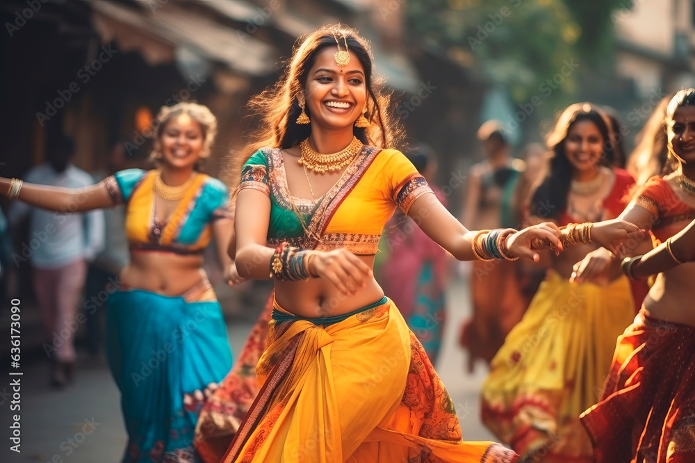Indian women dancing on the streets in traditional dresses Stock Photo | Adobe Stock