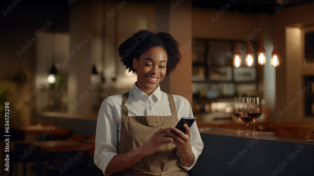 Visualize a waitress in an upscale restaurant, receiving a special ...