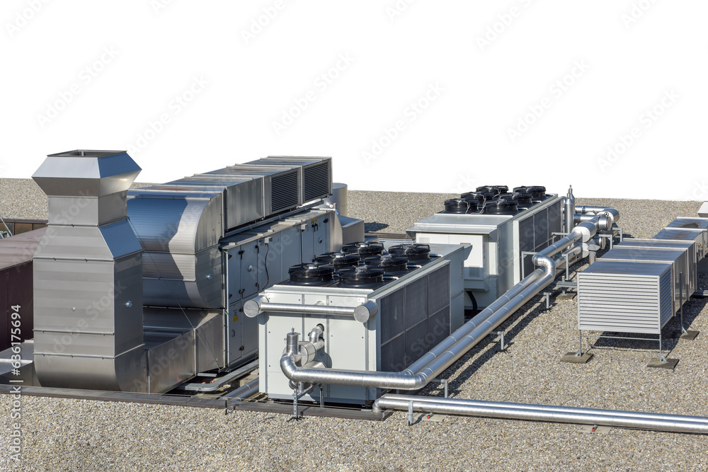 hvac ventilation system on a roof in front of a white background ...