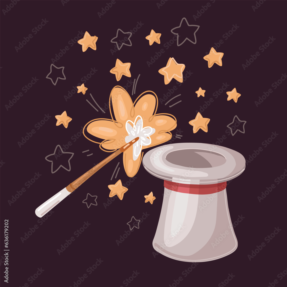 Cartoon vector illustration of magician top hat and magic wand trick ...
