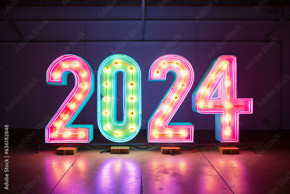 Neon sign number 2024, happy new year 3d text celebration party. Happy ...