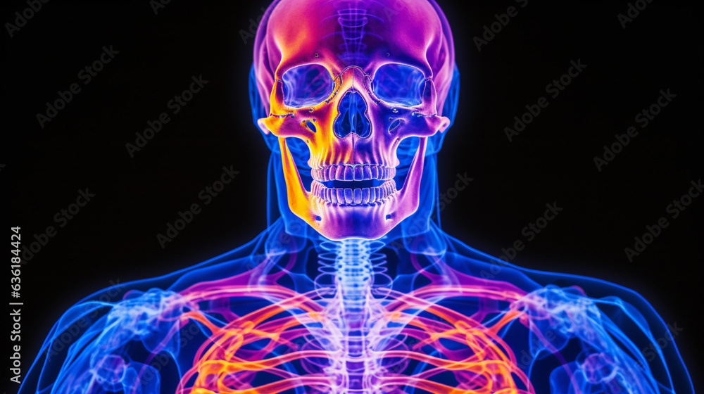 Human skeleton is shown in neon colored image of human Stock Photo ...