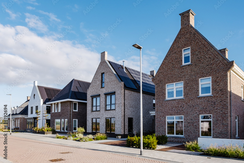 Dutch Suburban area with modern family houses, newly build modern ...