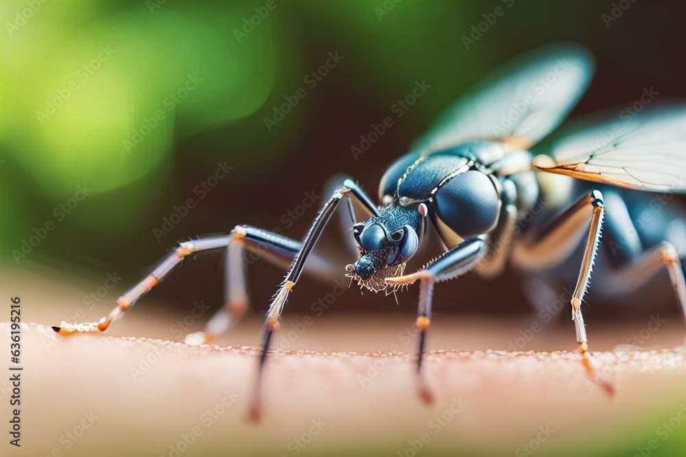 insect with blue eyes and black legs on a human skin, pismire fly on a ...